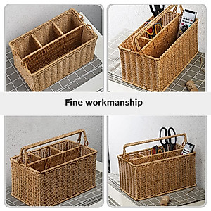 STOBAZA Wicker Utensil Cutlery Holder Flatware Cabinet Divided Flatware Organizers for Forks Spoons Napkins Silverware, Serving Utensils
