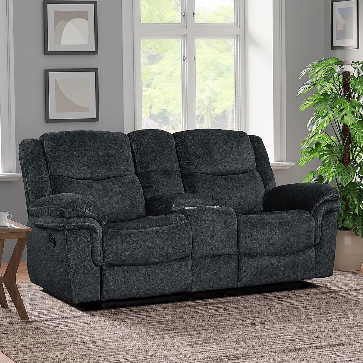 P PURLOVE Manual Reclining Loveseat Sofa with Adjustable Backrest, Velvet Recliner Loveseat with Handrail and Metal Legs, Home Theater Seating with Cup Holder and 2 USB Ports for Living Room,Dark Blue