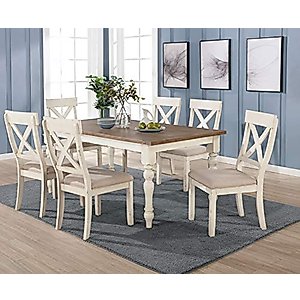 Roundhill Furniture Prato 7-Piece Dining Table Set with Cross Back Chairs, Antique White and Distressed Oak