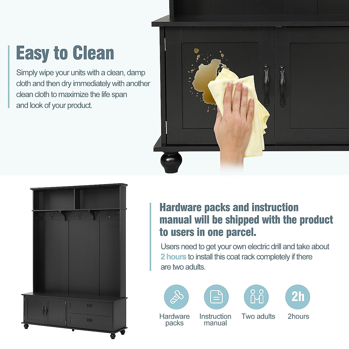 Wide Hall Tree with Storage Bench Coat Rack with Cabinet and 2 Drawers Wooden High Back Mudroom Bench with 5 Hooks for Mudrooms Organization Entryway Living Room, Black