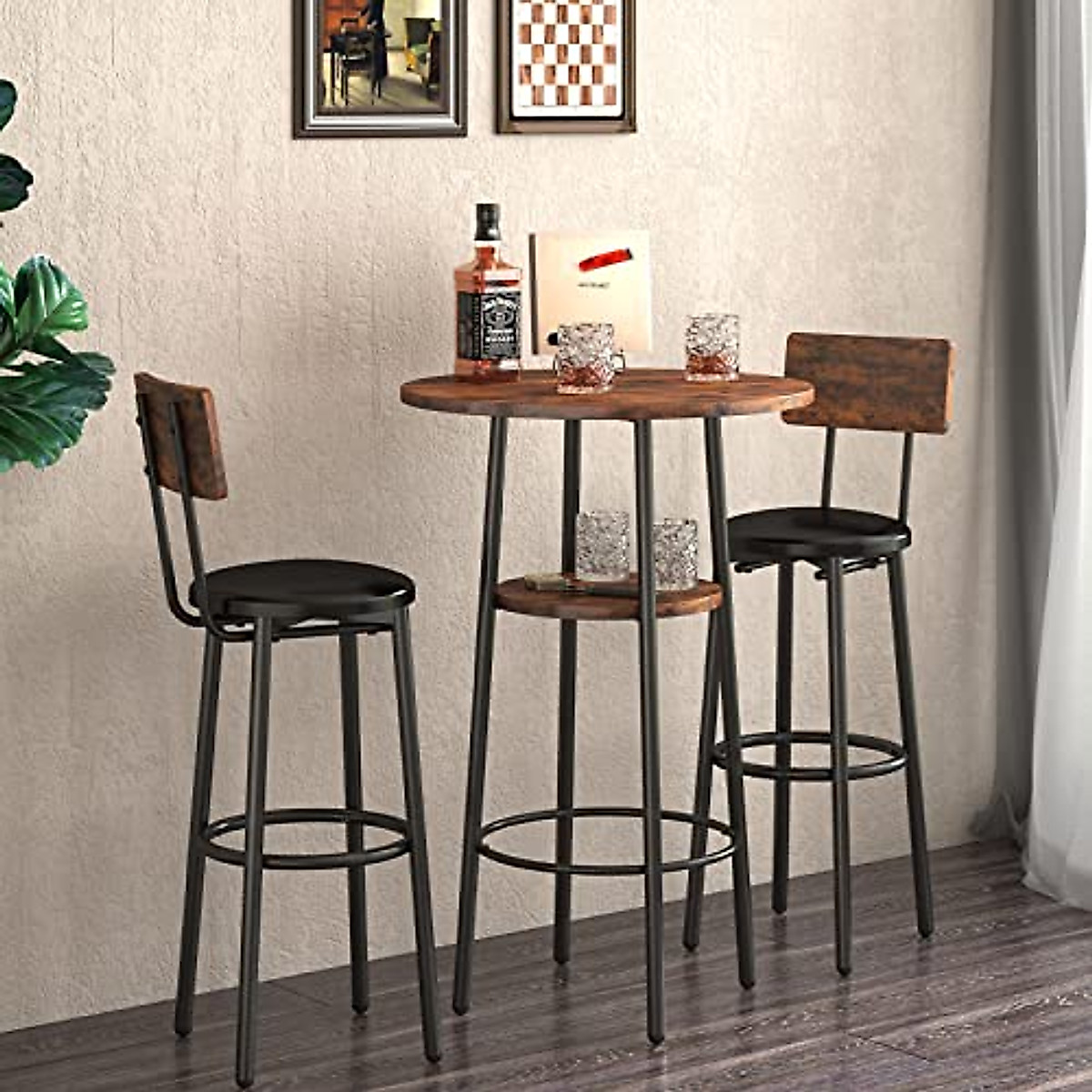LTTROMAT 3 Piece Pub Table Set, Round Bistro Table and Bar Stool, Kitchen Counter Height Dining Table with Storage Shelves, Pu Cushion Chairs Set of 2, Modern Bar Table Set for Small Spaces