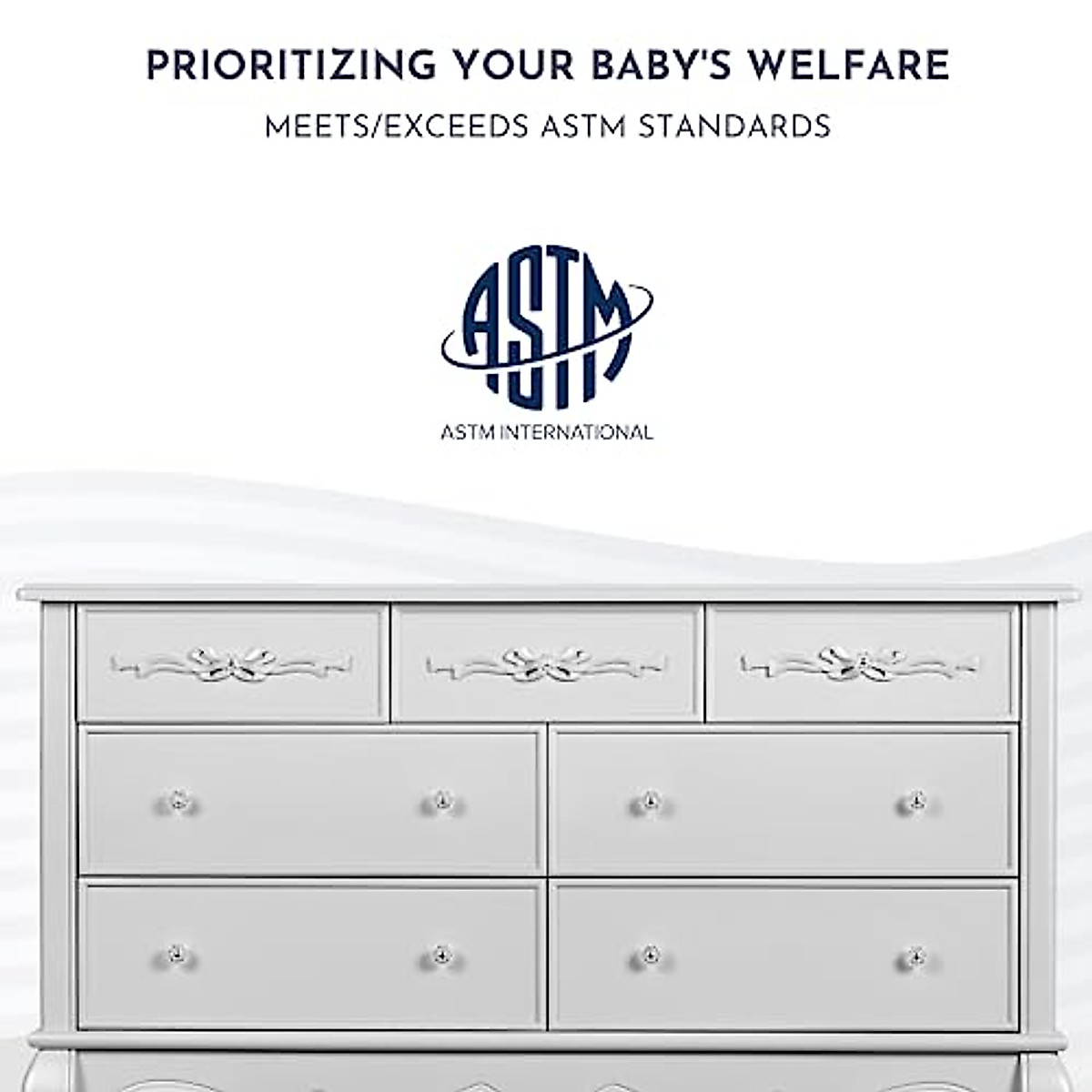 Evolur Aurora 7 Drawer Double Dresser, Akoya Grey Pearl/Silver Mist