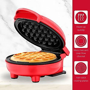 Holstein Housewares Personal Non-Stick Waffle Maker, Red - 4-inch Waffles in Minutes
