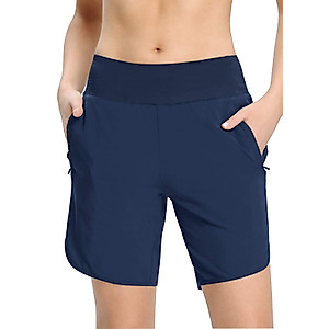 MOCOLY Womens Quick-Dry Running Shorts Athletic Sports Workout Shorts Lightweight Gym Yoga Shorts 7 Inches Loose Fit Zip Pocket Navy Blue S