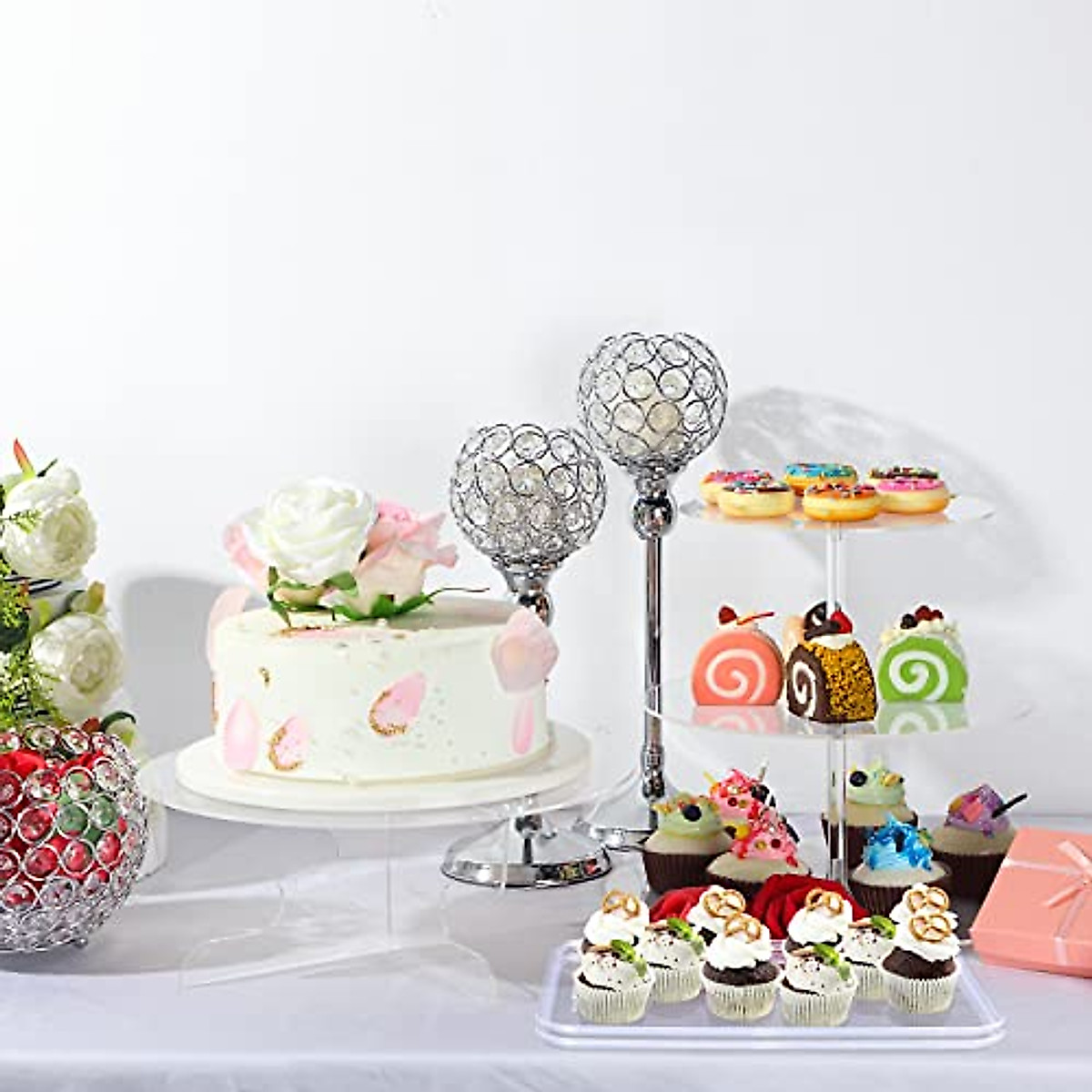 Sawysine 4 Pcs Acrylic Cupcake Stand Set Include 3 Tier Round Cake Stand 1 Tier Dessert Stands Holder 2 Pieces Clear Serving Platter for Tea Party Wedding Birthday Baby Bridal Shower Party Supplies