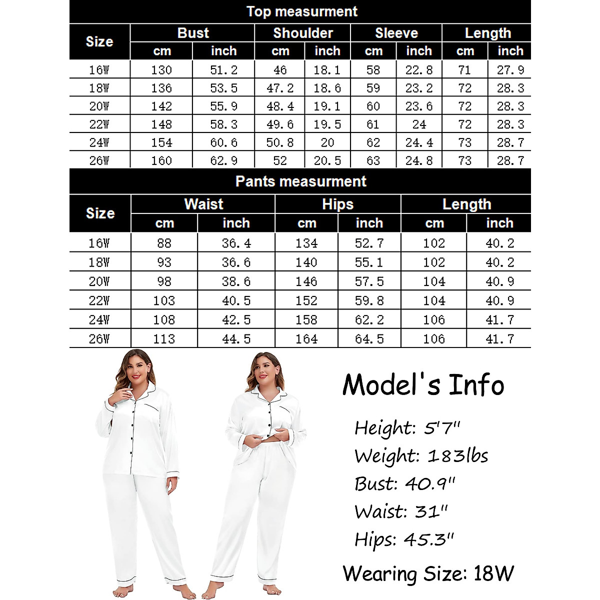 SWOMOG White Pajama Set for Plus Size Women Silk Satin Pajamas Long Sleeve Pjs Button-Down Pj Set Soft Sleepwear Set 18W