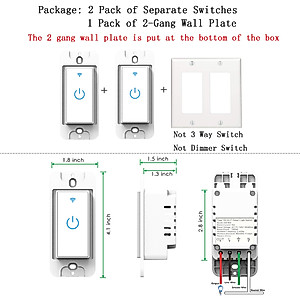 Smart Switch WiFi Wall Light Switch Compatible with Alexa Google Assistant, Neutral Wire Required, Single Pole, 2 Gang