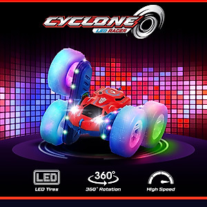 Force1 Cyclone LED Remote Control Car for Kids - Double Sided Fast RC Car with Bright LED Tires, Off-Road Crawler RC Stunt Car 360 Flips, Spins, Drifts; 2.4GHz Remote Control, 2 Rechargeable Batteries