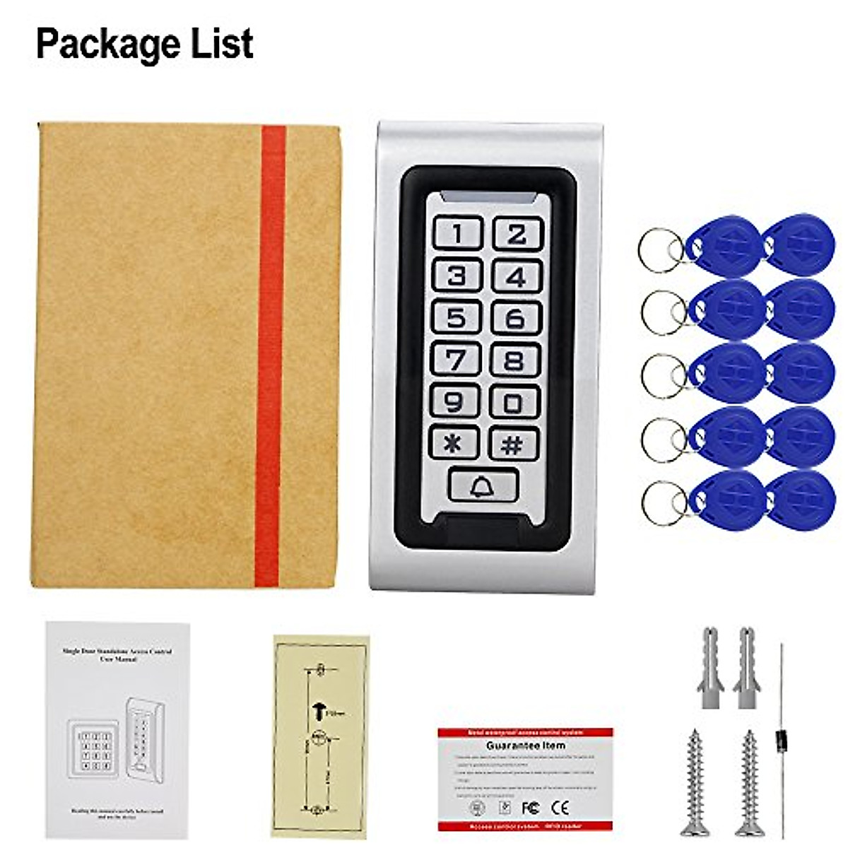 HFeng Standalone IP68 Waterproof RFID Access Control Keypad Metal Card Reader + 10pcs 125KHz Proximity Keychains WG26 2000 Users for Home/Office