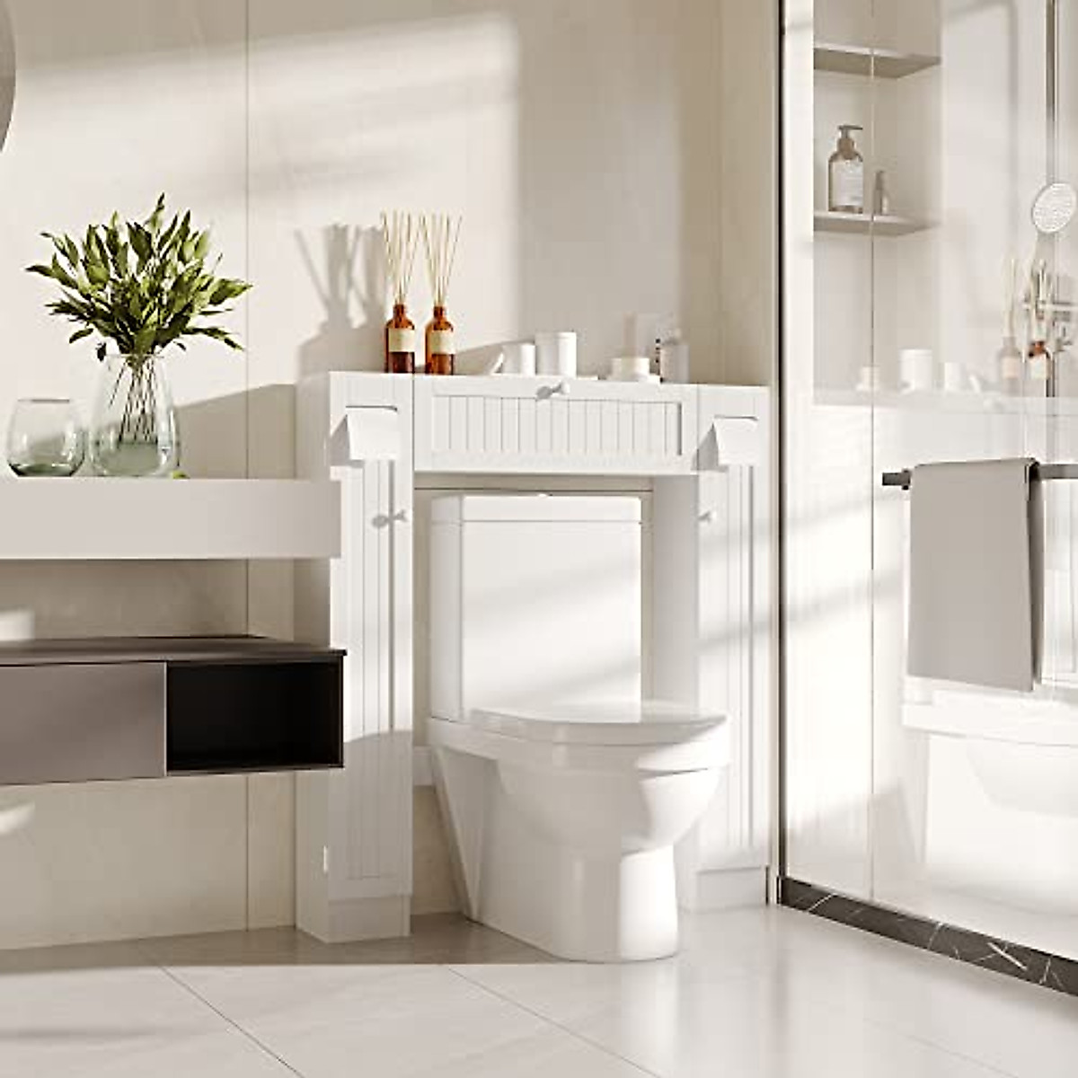 ITUSUT Over The Toilet Storage Cabinet, Freestanding Toilet Cabinet Organizer with 2 Side Doors and Pull-Down Door, Bathroom Cabinet Over Toilet with Adjustable Shelves & Paper Holder, White