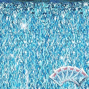 Jutom 6 Pieces Foil Fringe Backdrop Party Fringe Curtain 3.3 x 6.6 ft Tinsel Streamer Backdrop for Graduation Ocean Sea Birthday Wedding Baby Shower Holiday(Light Blue)