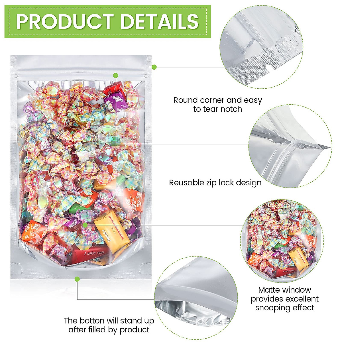 200 Pieces Resealable Polyester Film Bags Clear Front Polyester Film Bags Edible Packaging Bags Stand Up Aluminum Foil Seal Bags Stand Up Bags