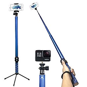 Bluetooth Long Selfie Stick- Super Length Lightweight Extendable Pole from 20'' to 118'' Built-in Wireless Remote Shutter Grip Holder Mount Compatible iPhone Samsung Android Cell Phone(Blue)