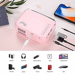 Portable Projector, Outdoor Projector, LED Aesthetic Video Mini Projector for Outdoor Portable Movies Compatible with HDMI, USB, Laptop, TV Stick, iOS and Android Phone, Pink