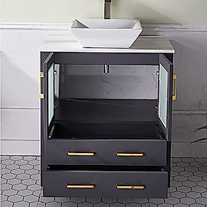 Wenore Home 30 Inch Bathroom Vanity with Sink, Dark Gray Bathroom Vanity and Basin Top,Bath Sink Cabinet Set with Ceramic Sink Tempered Glass Countertop, Storage Cabinet 2 Doors 2 Drawers