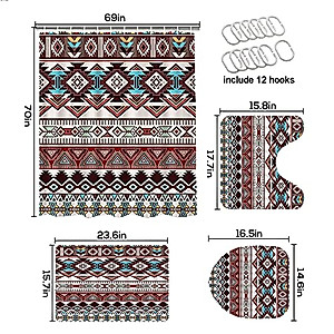 4 Pcs Shower Curtain Sets with Rugs Aztec American Southwestern Native Navajo Ethnic Tribal Vintage Boho Geometric Durable Shower Curtain Sets with 12 Hooks Waterproof Shower Curtain for Bathroom Set
