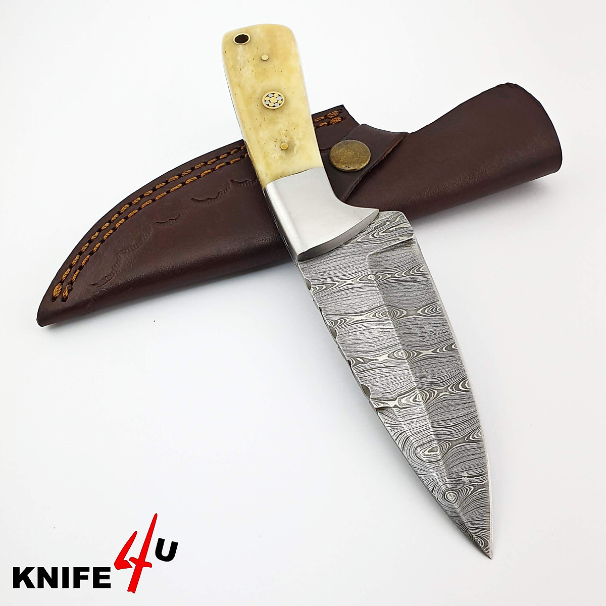 Knife4U Damascus Hunting Knife With Sheath|8"Best Camping,Hiking,Tactical,Survival Knife For Men|EDC Bushcraft Accessories Tool|Sharp Blade With Natural Handle And Knife Display Box (Camel Bone)