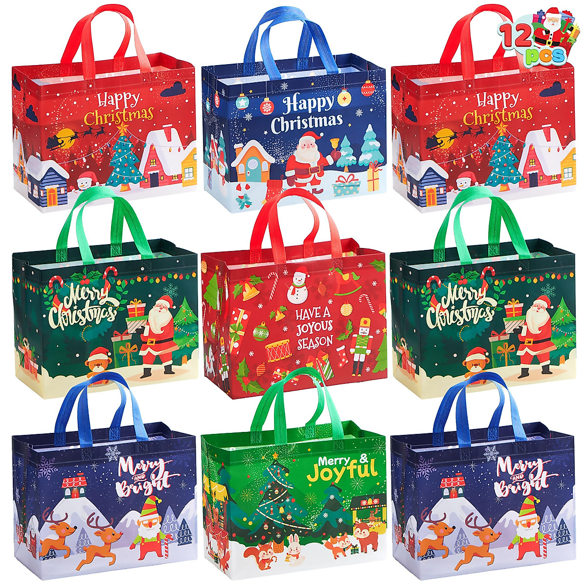 JOYIN Christmas 12 PCS Tote Bags Large Size 12.8"*9.8" Gift Bags for Xmas Party. Holiday Reusable Grocery Bags Bulk With Handles as Goodie Bags, Party Supplies Bags, Party Favor Shopping Bags.