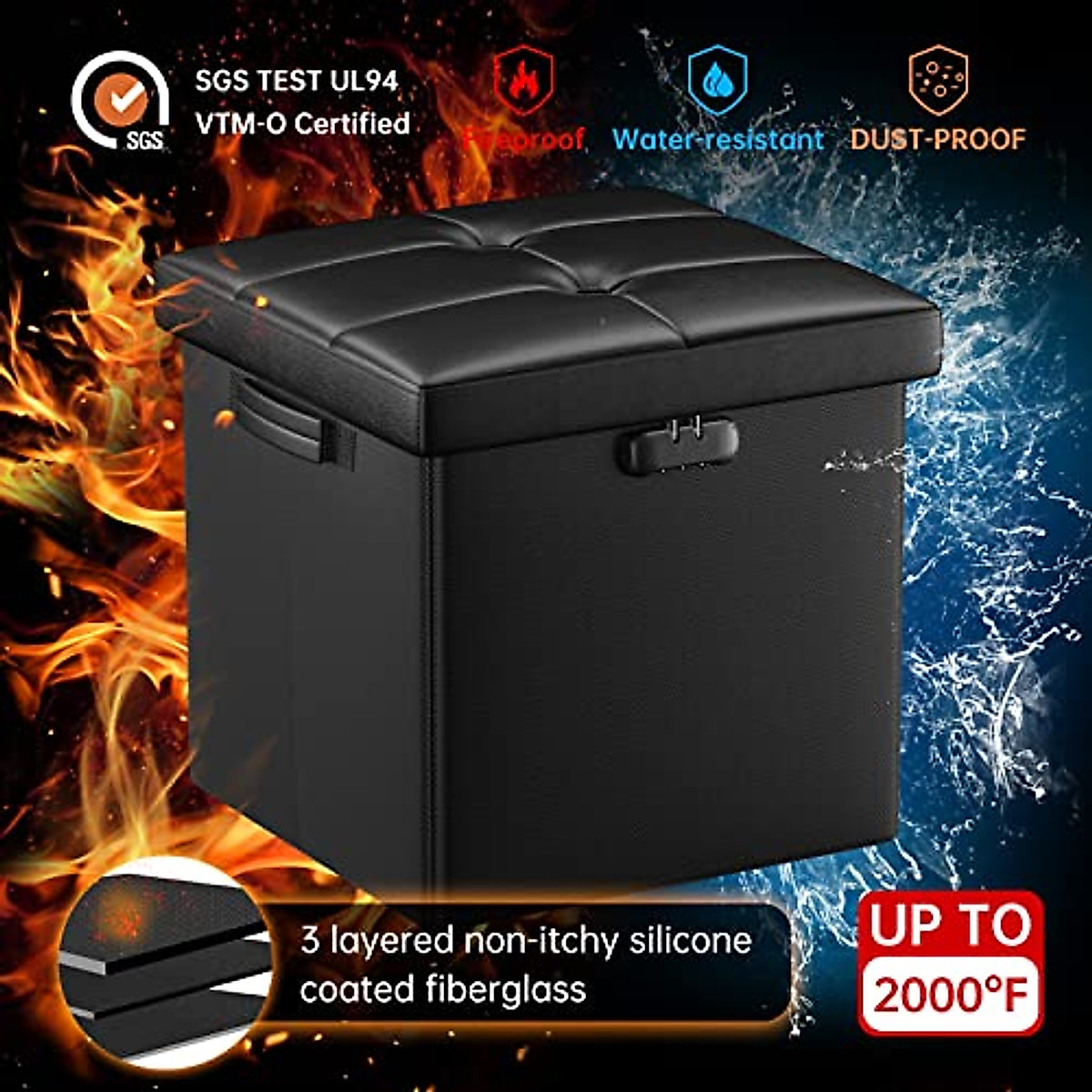 ENGPOW Storage Ottoman,Fireproof ＆ Waterproof Folding Ottoman Cube Storage Stool with Lock,Leather Square Ottoman Storage Chest Safe for Living Room, Bedroom, Home Office,Dorm,15"x15"x15",Black