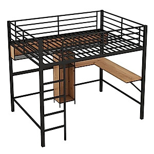 DOLPRNE Full Size Metal Loft Bed with L -Shaped Desk,Guardrails and Shelves,Multi -Functional Bed Frame for Kids Teens Adults Bedroom,Black