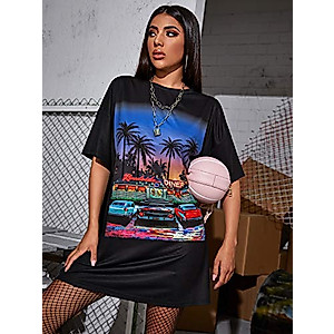 SOLY HUX Women's Casual Graphic Print Short Sleeve Loose T Shirt Dress Black L