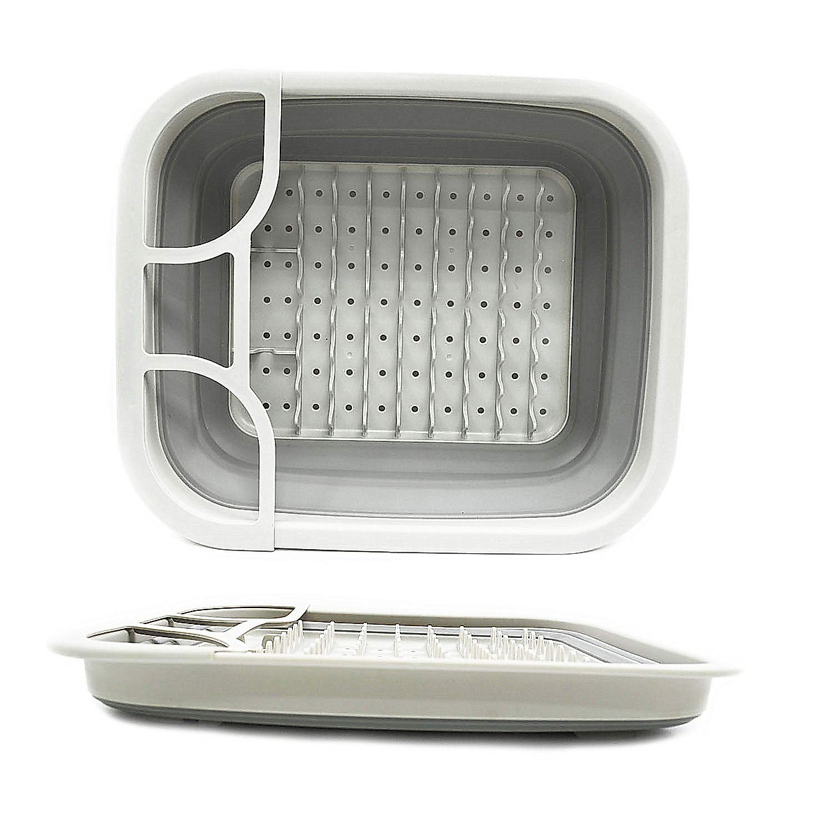 SAMMART Collapsible Dish Drainer with Drainer Board - Foldable Drying Rack Set - Portable Dinnerware Organizer - Space Saving Kitchen Storage Tray (1, Grey)