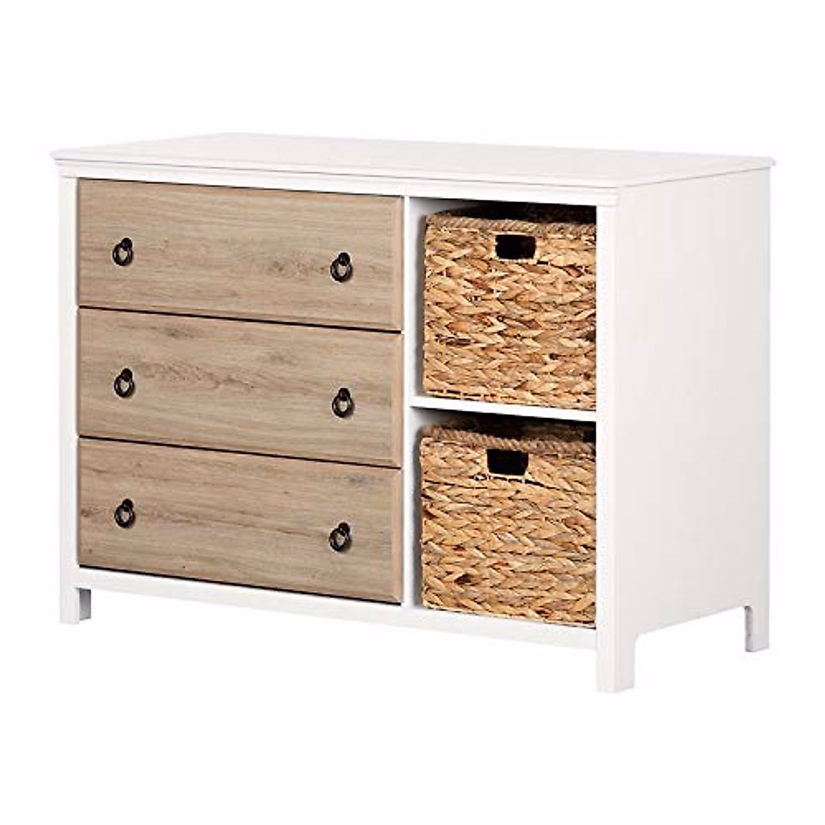 Rosebery Kids 3 Drawers Dresser with Cubic Basket Storage, Small Modern Console Table for Living Room and Entryway, Brown