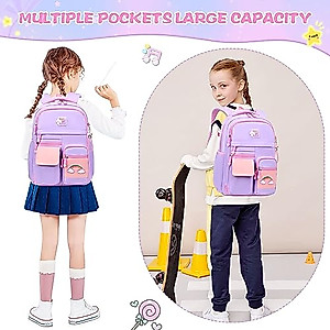 Backpacks for Girls School Kids Backpack Bookbags with Insulated Lunch Box Set for School Elementary Girl, Tie Dye School Bag with Compartments 16 * 11.5 * 7.5, Solid Purple