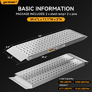 Aluminum Shed Ramps 39x12inch, gardhom 2PC Riding Mower Ramps 1500lbs Capacity for Curb Steps Stairs Dirt Bike Motorcycle Lawn Mower Snow Blower Loading Ramps