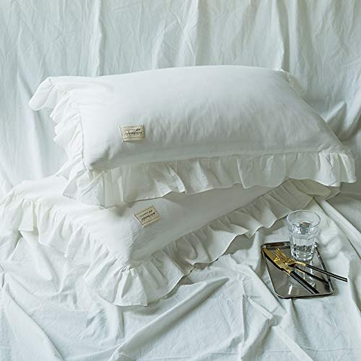 4 Pieces Vintage Stone Washed Cotton Bedding Sets Girls Princess Ruffle Duvet Cover Pillowcases Full Queen Size Bed Sheets White/Pink/Sage Green/Grey (41YS-1-White, Queen Size 4pcs)