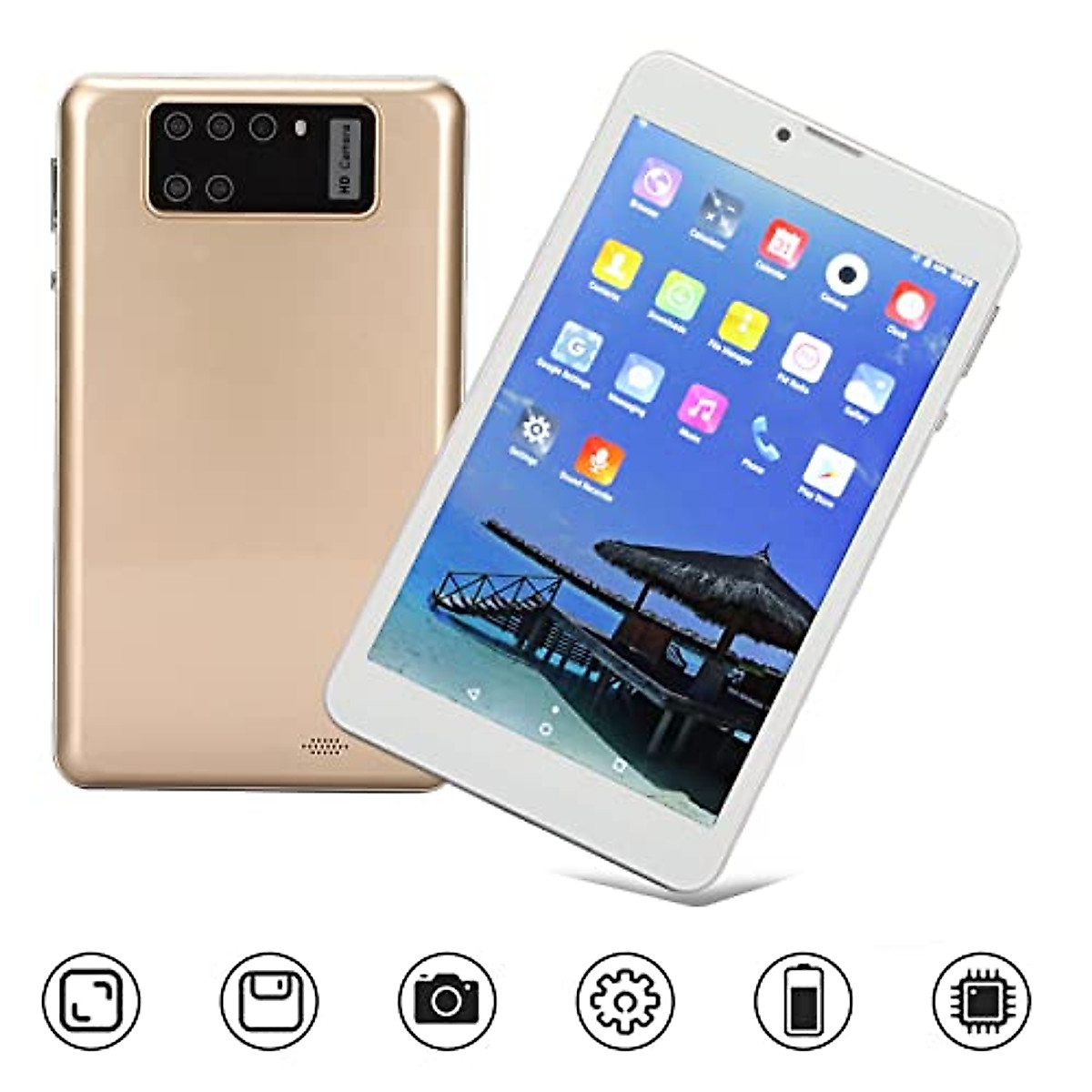 HD Tablet, 7in 5GWIFI Dual Band Tablet PC 32G Memory Storage Long Battery Life Kid Tablet for Android 10 System US Plug 100 to 240V (Gold)