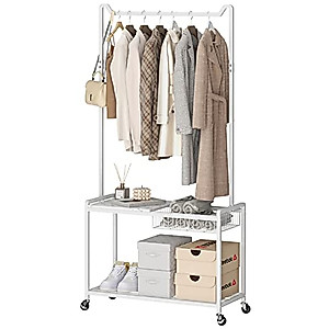 XYZLVSI 3-Tier Rolling Clothing Garment Rack for Hanging Clothes, 3-in-1, with Coat Rack, Movable Basket and 2 Storage Shelves, White