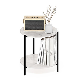 Furinno Besi 2-Tier Modern Round Side End Table with Sturdy Metal Legs, 15.55 (W) x 10.58 (H) x 5.46 (D) inches, Marble White