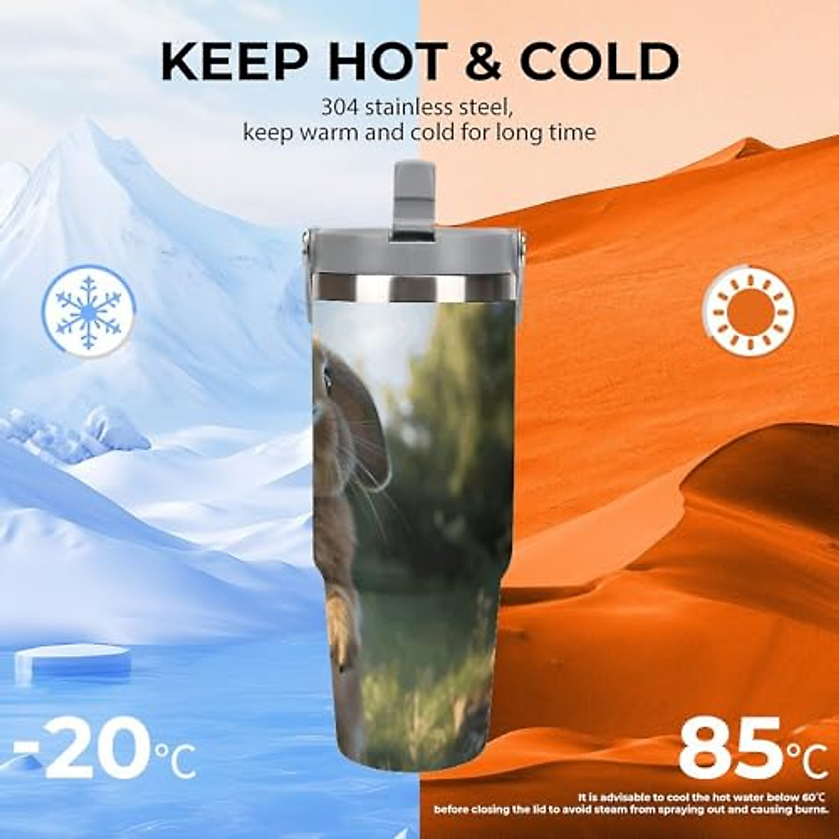 30oz Stainless Steel Insulated Tumbler with Flip Lid & Straw, Leakproof Travel Mug for Car, Cute Funny Rabbit Double Wall Vacuum Thermal Coffee Cup with Handle, Spill-Proof Design for Hot/Cold Drinks