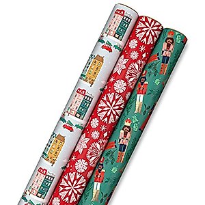 Hallmark Christmas Wrapping Paper with Cutlines on Reverse (3 Rolls: 120 Sq. Ft. Total) Winter City Scene, Rustic Snowflakes on Red, Nutcrackers with Foliage