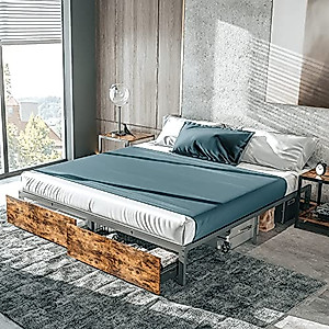 IRONCK King Bed Frame with 2 XL Storage Drawer, Platform Bed Frame Strong Steel Double Reinforced Support, No Box Spring Needed, Wooden Board Decor