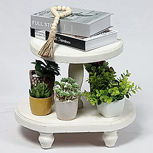 Farmhouse Two Tiered Stand, Round Rustic Wood Two Tiered Tray, Wooden Cake Stand Kitchen Tiered Tray, Decor Serving Tray for Coffee Bar, Kitchen Counter, Dining Room Table (White)