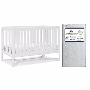 Delta Children Tribeca 4-in-1 Baby Convertible Crib + Serta Perfect Slumber Dual Sided Recycled Fiber Core Crib & Toddler Mattress - Waterproof, Hypoallergenic, GREENGUARD Gold Certified, Bianca White