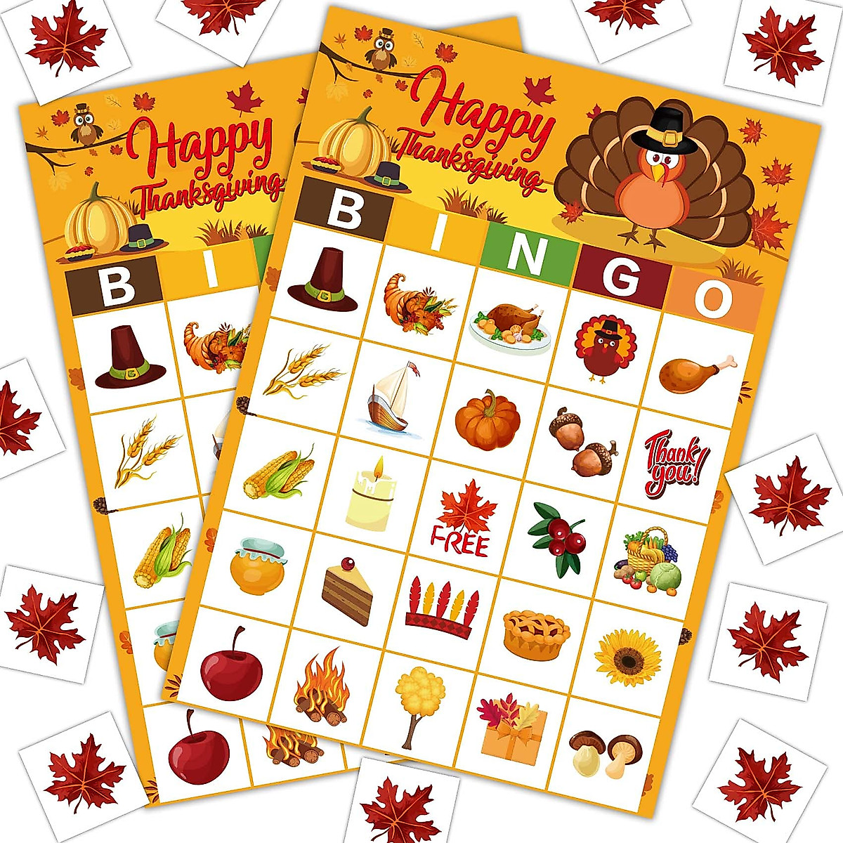 Thanksgiving Bingo Game - 24 Player Turkey Cards for Family, School, Party Activities