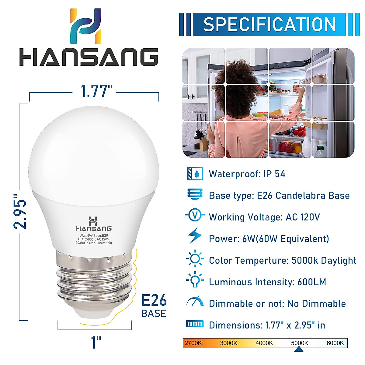hansang Refrigerator Light Bulb E26 Base, 60Watt Equivalent, 5000K Daylight, Watreproof Appliance Fridge Bulbs, A15 LED Small Light Bulb Frigidaire Freezer Bulbs, 120V, 600LM, 2 Pack, Non-Dimmable