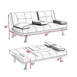 Eafurn Faxu Leather Convertible Sofa Bed with Cup Holders,Folding Futon Couch Recliner Sleeper Loveseat Reversible Daybed, Button Tufted Sofabed with Removable Pillow Top Armrests, Grey 67"