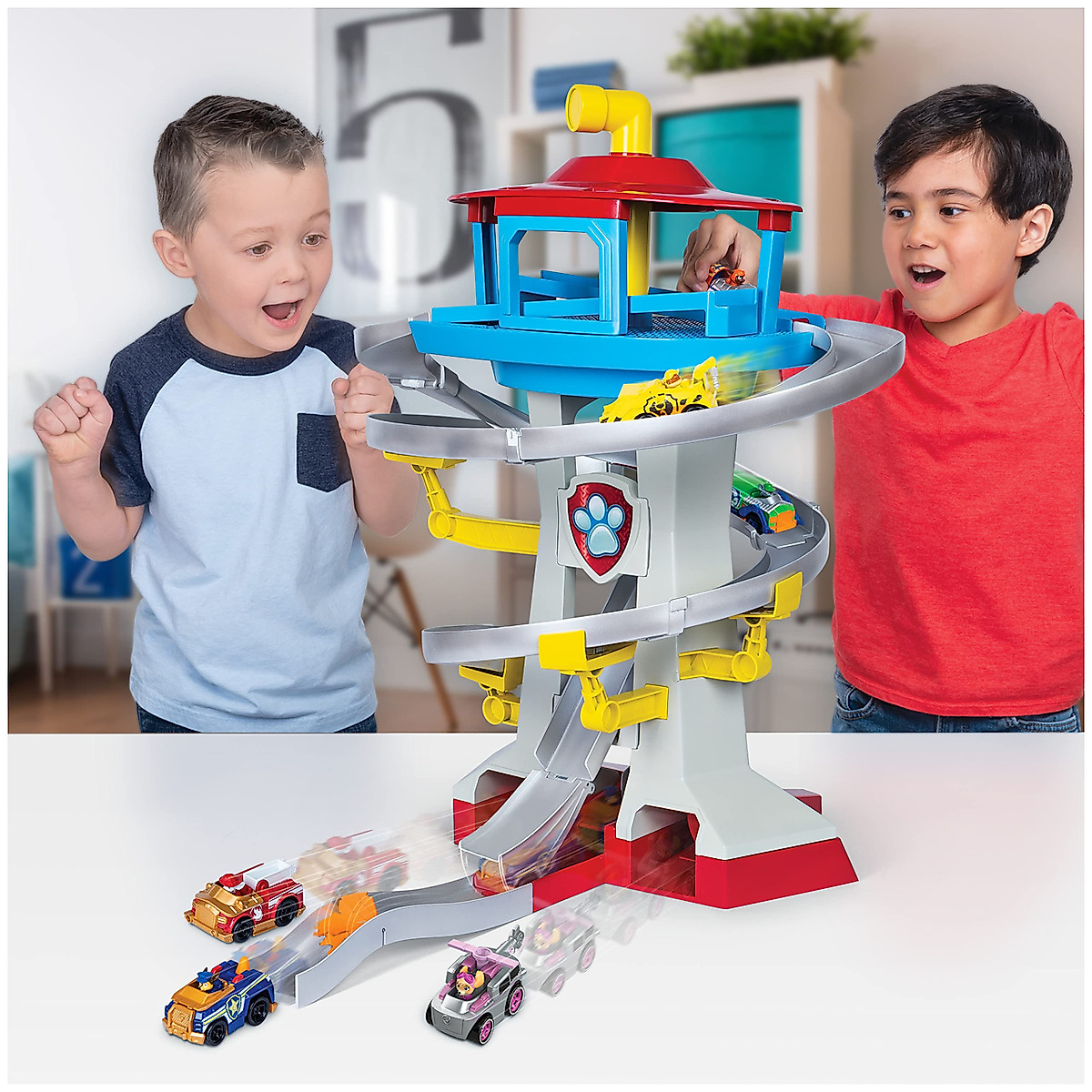 Paw Patrol Adventure Bay Lookout Tower Playset With 2 Die-Cast 1:55 Vehicles (Chase and Marshall): Twin Track Rescue Way 25 Pc Set With Launching Periscope - Accommodate Up to 6 True Metal Racing Cars