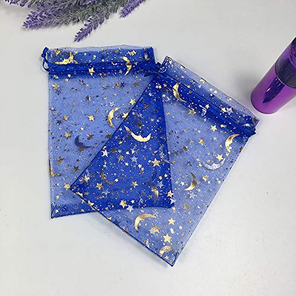ANSLEY SHOP 100PCS Sheer Organza Bag Moon Star Design Pouches Jewelry Candy Bags Party Wedding Favor Gift Bags Packaging Drawstring Bags (4 x 6 Inch, Royal Blue)