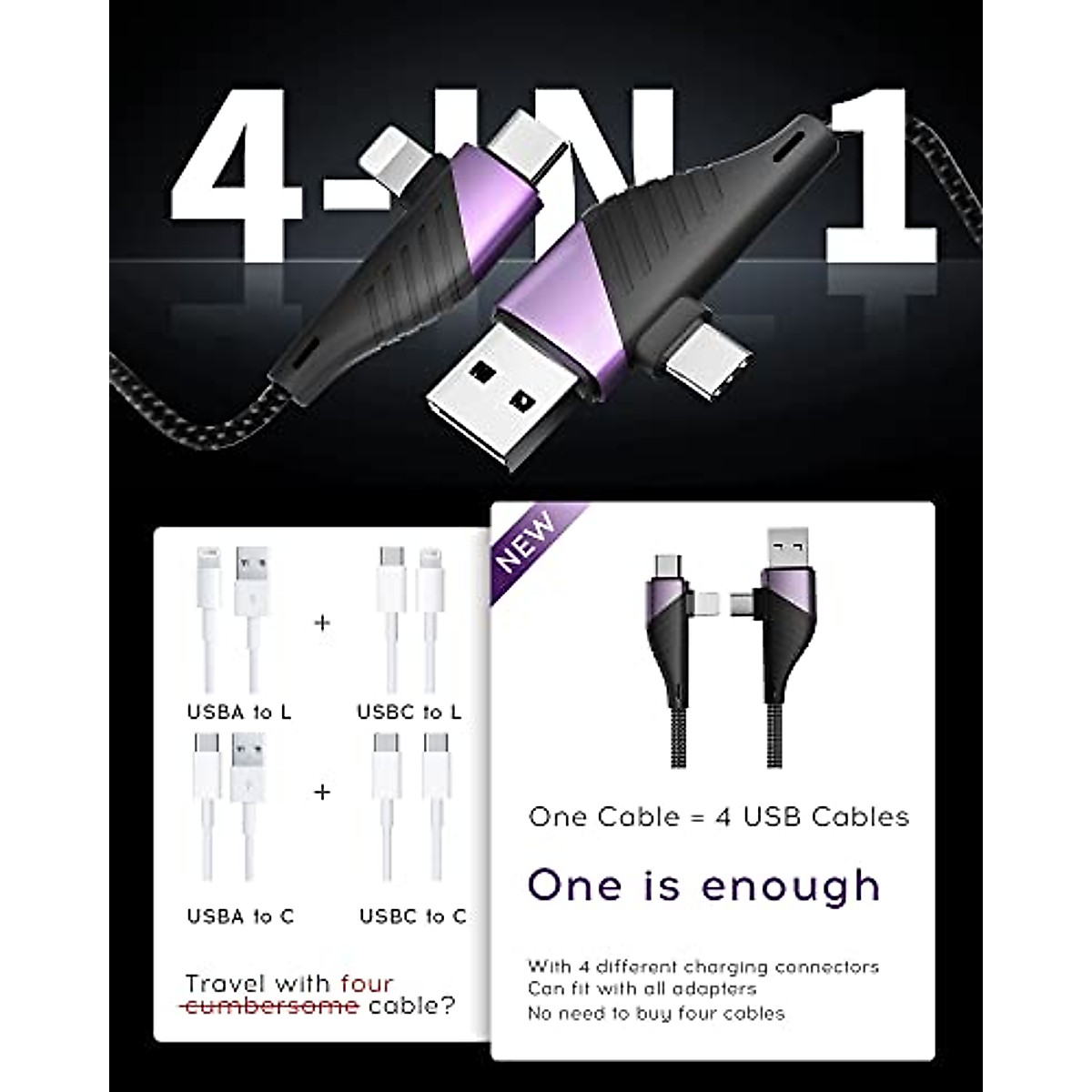 Newest [4 in 1] Multi Charging Cable 2Pack 4ft, MAGNPTER 60W 3.1A Fast Charging USB C Cable, Nylon Braided USB A/C to USB C/IP Cord, Compatible with iPhone iPad Pro/Air/Mini MacBook Galaxy S22 21 Note