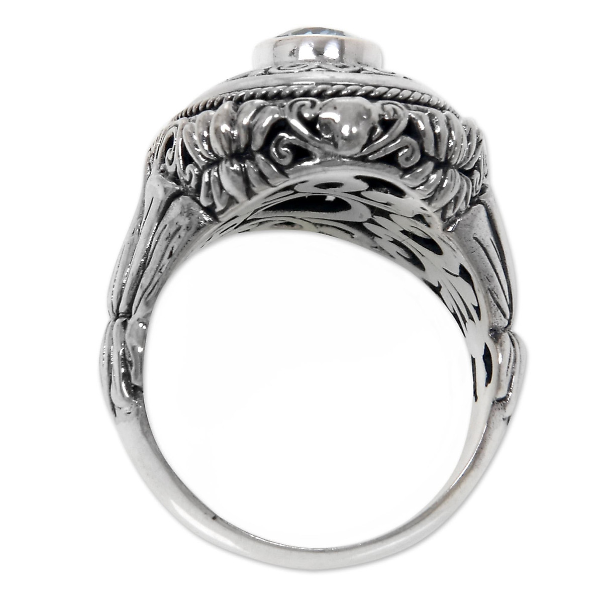 NOVICA Artisan Handmade Blue Topaz Cocktail Ring 1.5 Carat Sterling Silver Single Stone Indonesia Serenity Airy Birthstone [crownbezel 1 in L x 0.7 in W x 0.4 in D Band Width 4 mm W] ' Island Blue'