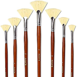 DUGATO Artist Fan Paint Brush Set of 7, White Hog Bristle Natural Hair Anti-Shedding Brush Tips, Long Wooden Handle for Comfortable Holding, Great for Acrylic Watercolor Oil Painting