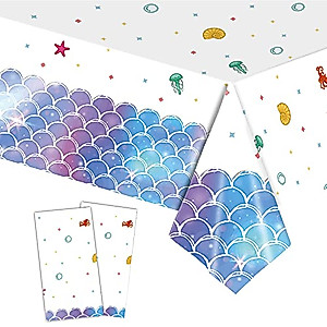 UOMNICUE Mermaid Tablecloth 2PCS Mermaid Theme Birthday Tablecloth Mermaid Disposable Plastic Tablecloth Party Supplies for Kids Girls Birthday Party Decorations Baby Shower 52X87 in