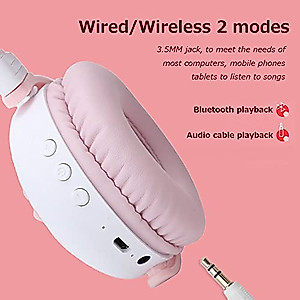 Wisoqu Cute Cat Ear Glowing Wireless Bluetooth Headphone HiFi Sports Folding Headset with Led Light Cat Ear Bluetooth Headphones Over Ear Childrens Foldable Headphones(Milk Powder White)