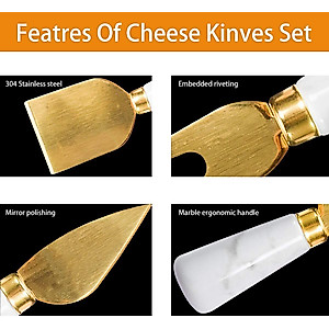 Funland 4PCs Cheese Spreader Knife Set with Marble Handle, Cute Cheese Knives Cutter Slicer Marble Cheese Board, Cheese Spatula Cheese Board Accessories, Gift Parties, Holiday, Weddings - Gold