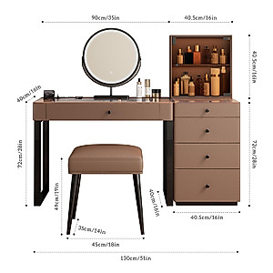 GrxGry Vanity Table Set, Premium Solid Wood Vanity Desk with Multi-Plug Outlet, Desktop Cabinet for Large Bottles, HD Smart Mirror, Multi-Depth Side Drawers for Various Sized Objects (Khaki-51IN)